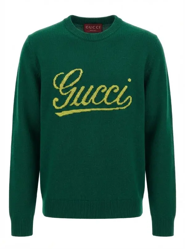 Gucci Knit Wool Sweater With Script Intarsia - Dark Green
