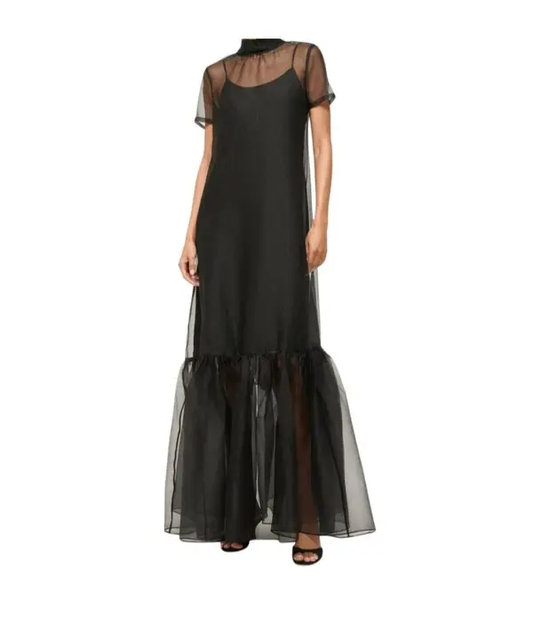 Staud Short Sleeve High Neck Ruffled Hem Maxi Dress With Tie Details - Black