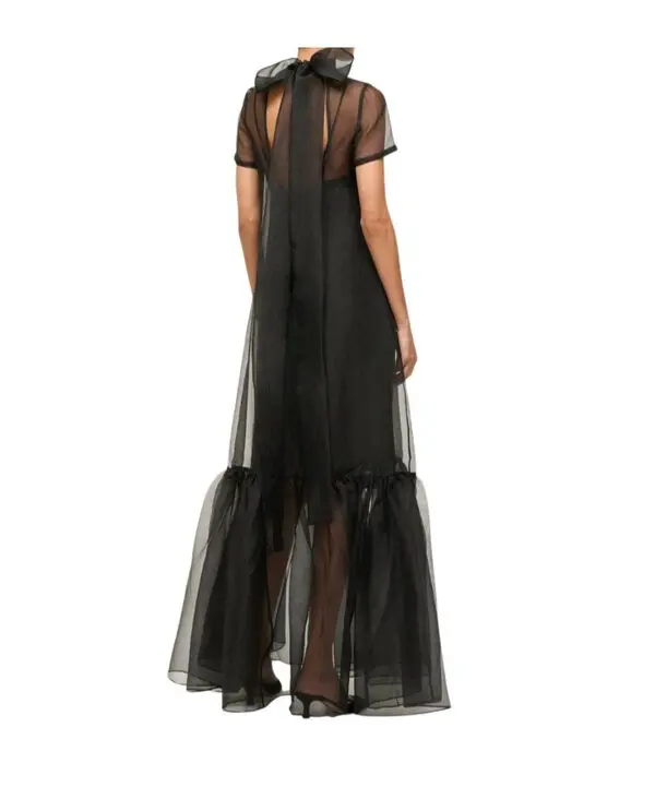 Staud Short Sleeve High Neck Ruffled Hem Maxi Dress With Tie Details - Black