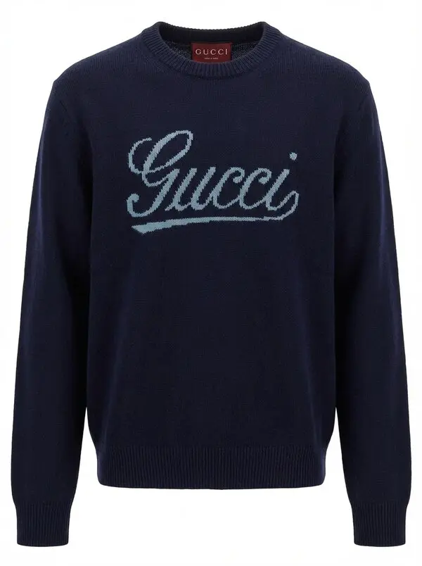 Gucci Logo Intarsia Crewneck Knitted Jumper - Dark Blue