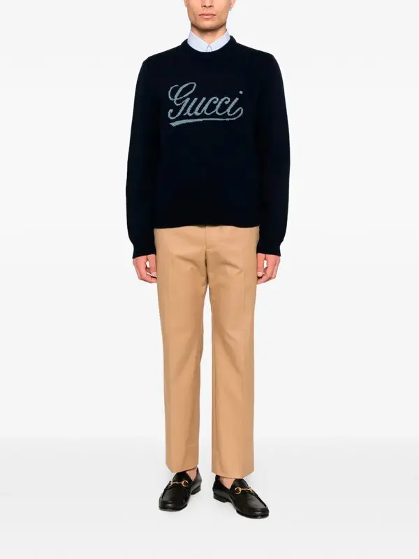 Gucci Logo Intarsia Crewneck Knitted Jumper - Dark Blue