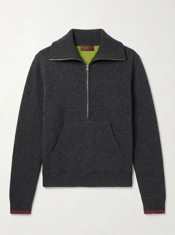 Gucci Wool Cashmere Sweater With Point Collar And Zip Closure - Grey
