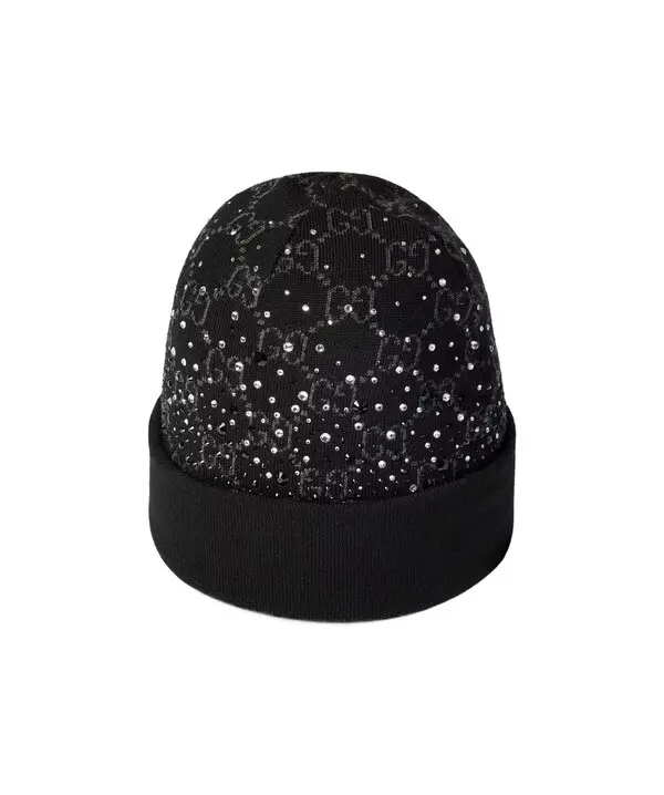 Gucci Gg Wool Beanie With Crystals - Black