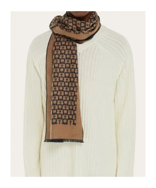 FERRAGAMO Gancini Silk Scarf - Camel/gray