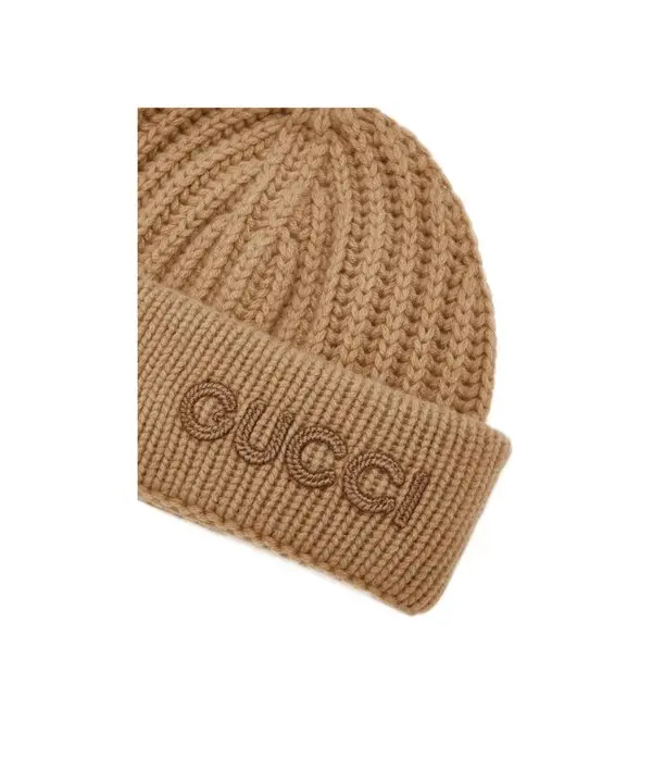 Gucci Wool Cashmere Beanie With Embroidery - Beige