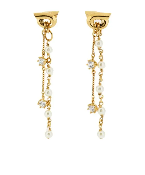 FERRAGAMO Double Drop Earrings With Crystals And Pearls - Gold