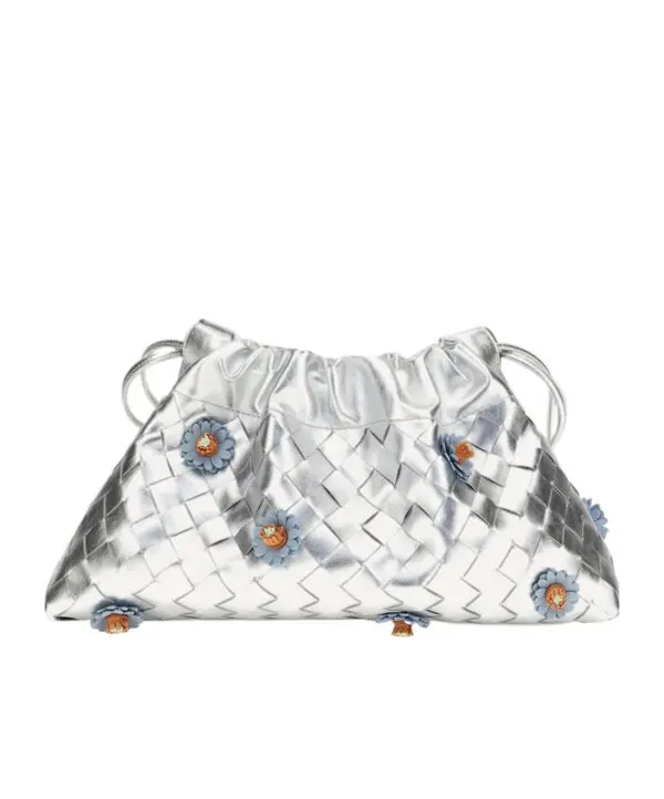 Bottega Veneta Woven Leather Drawstring Clutch With Floral Embellishments