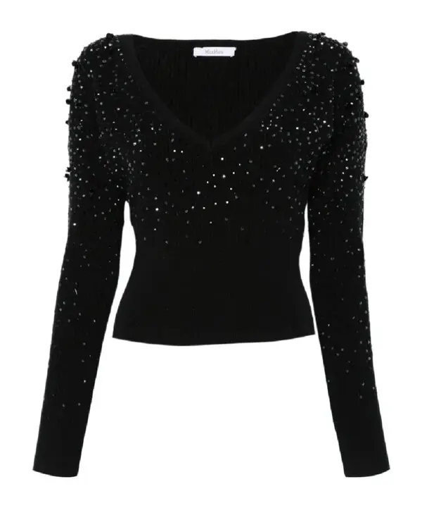 Max Mara Beaded V-neck Long Sleeve Sweater - Black