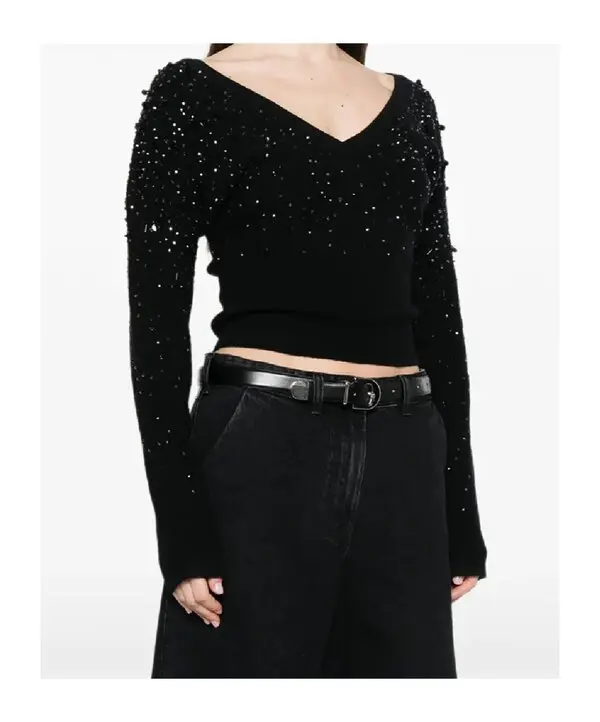 Max Mara Beaded V-neck Long Sleeve Sweater - Black