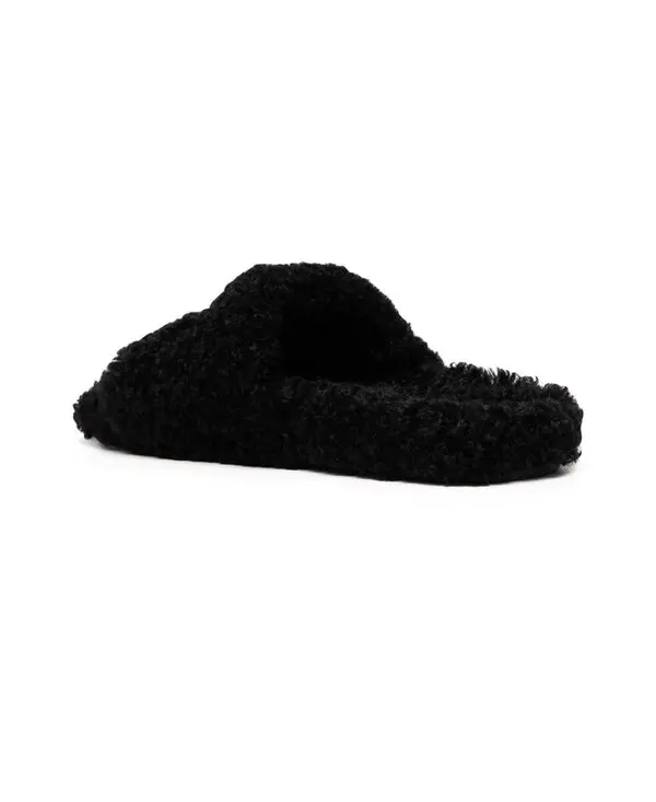 Balenciaga Logo Embroidered Furry Slide Sandals - Black