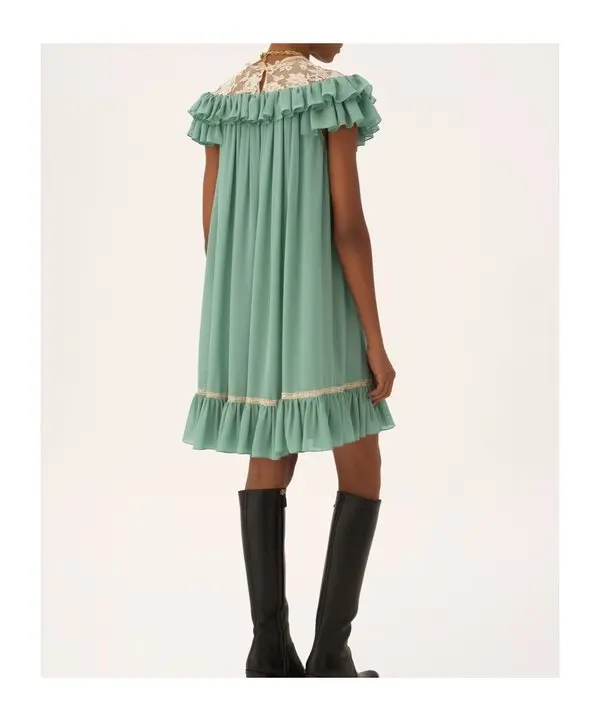 Chloé Gathered Silk Georgette Lace Mini Dress