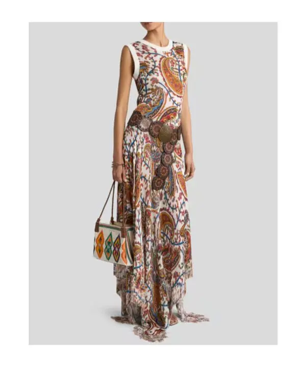 Etro Sleeveless Knitted Long Dress With Paisley Print And Fringe - Color