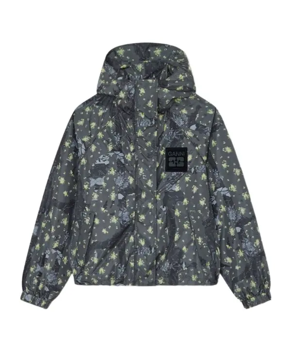 GANNI Hooded Floral Print Jacket With Logo Patch