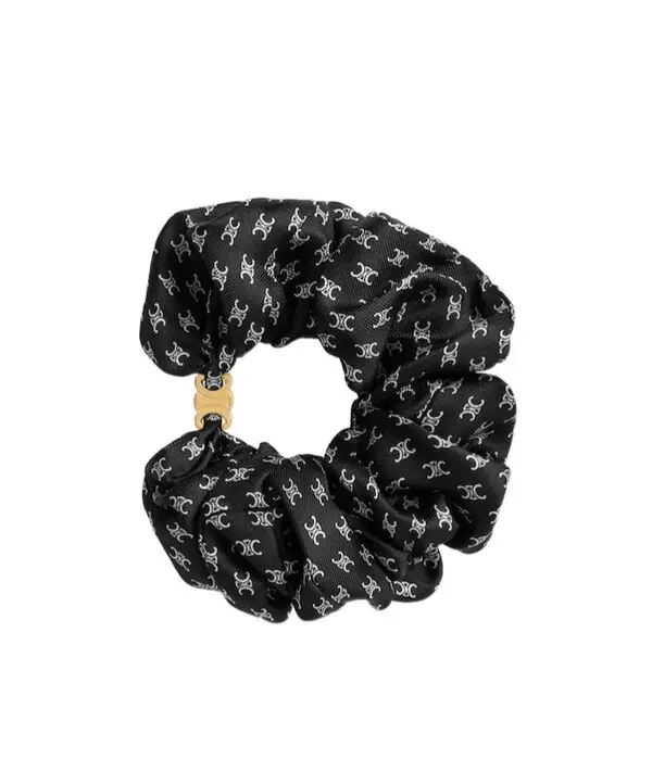 Celine Mini Triomphe Scrunchy In Silk And Brass With Gold Finish - Black/ivory