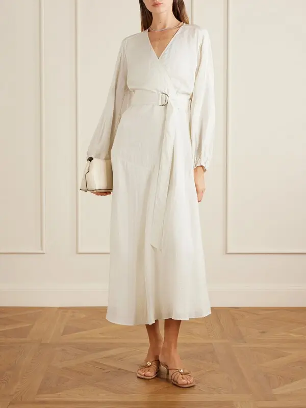 Veronica Beard V-neck Bishop Sleeve Belted Maxi Dress