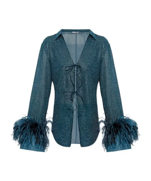 Oseree Lurex Shirt With Feather Cuffs And Front Tie