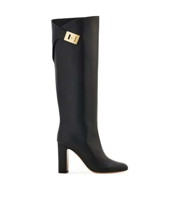 FERRAGAMO Knee High Boots With Gold Buckle Detail - Black