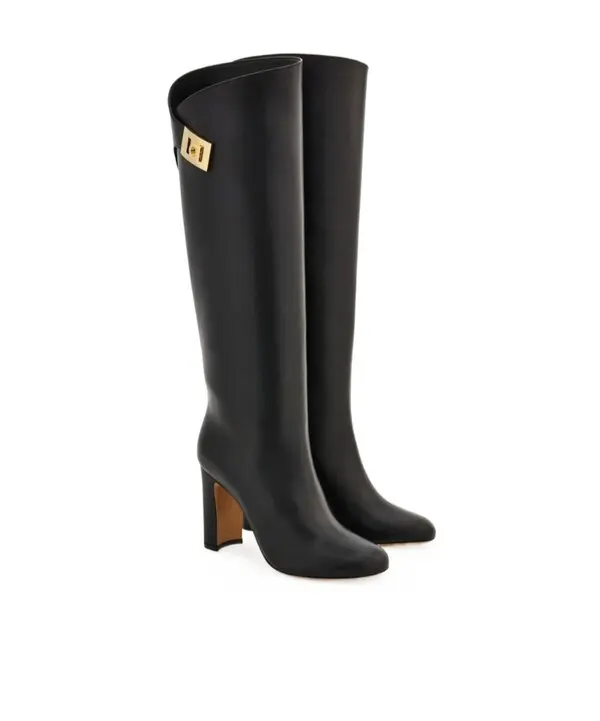 FERRAGAMO Knee High Boots With Gold Buckle Detail - Black