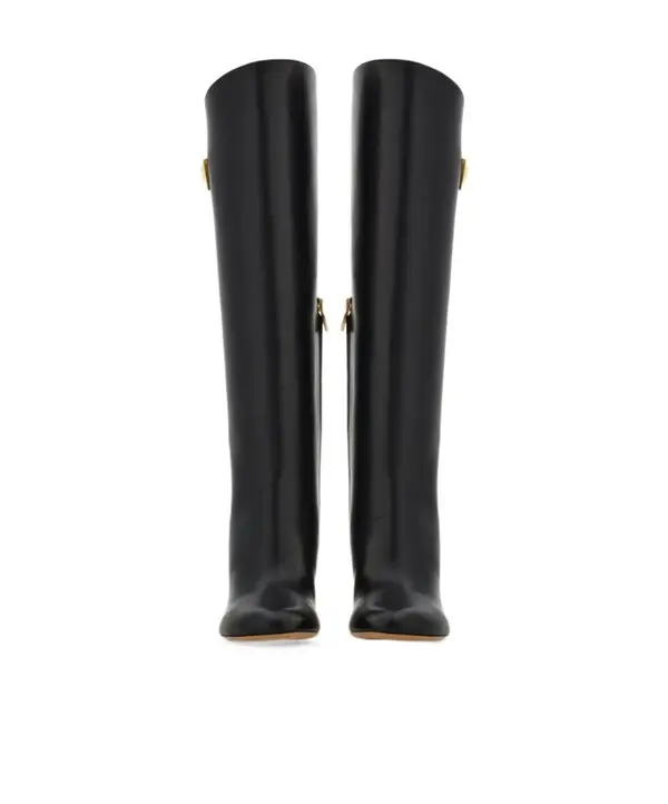 FERRAGAMO Knee High Boots With Gold Buckle Detail - Black