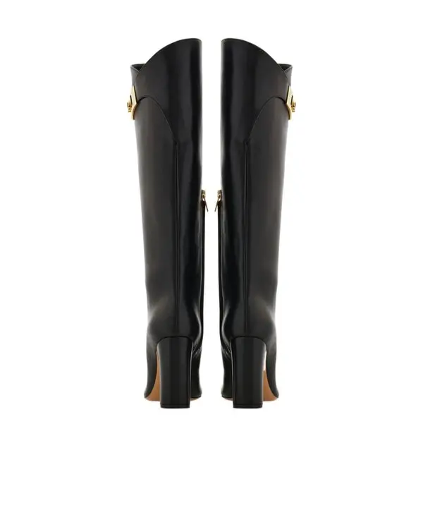 FERRAGAMO Knee High Boots With Gold Buckle Detail - Black