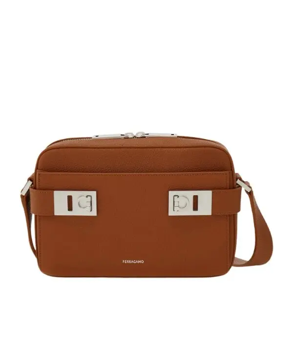 FERRAGAMO East-west Crossbody Bag With Gancini Buckles - Natural Brown