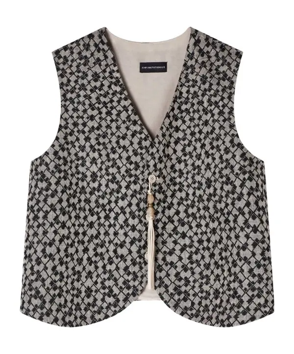 Emporio Armani Single-breasted V-neck Vest With Diamond Pattern And Tassel Detail - Gray