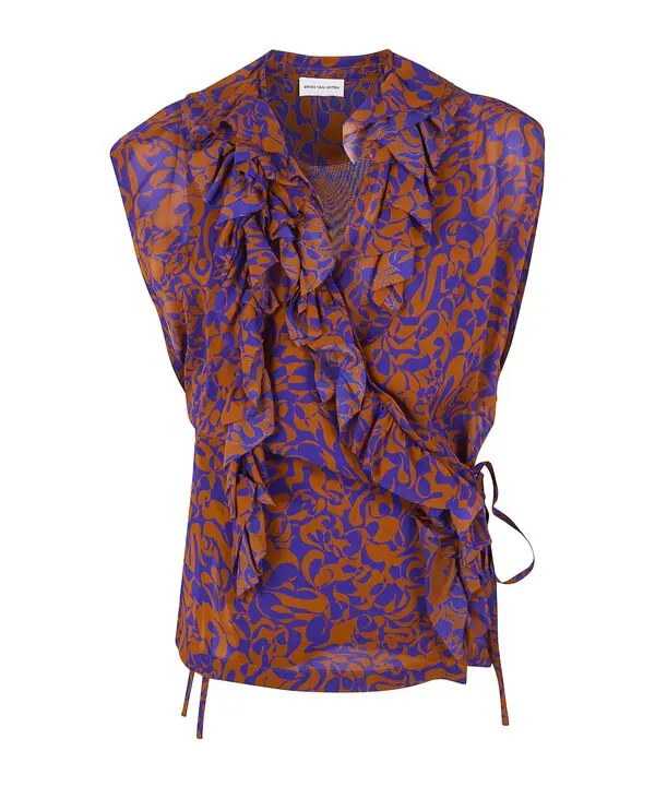 Dries Van Noten Printed V-neck Top With Cinched Waist