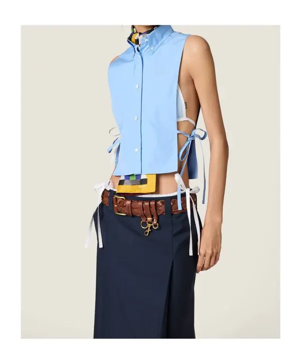 Miu Miu Sleeveless Shirt With Classic Collar And Tie Details - Light Blue