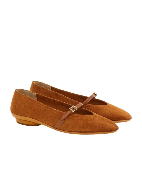 FERRAGAMO Audrey Suede Ballet Flats With Buckled Strap - Light Brown