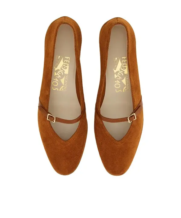 FERRAGAMO Audrey Suede Ballet Flats With Buckled Strap - Light Brown