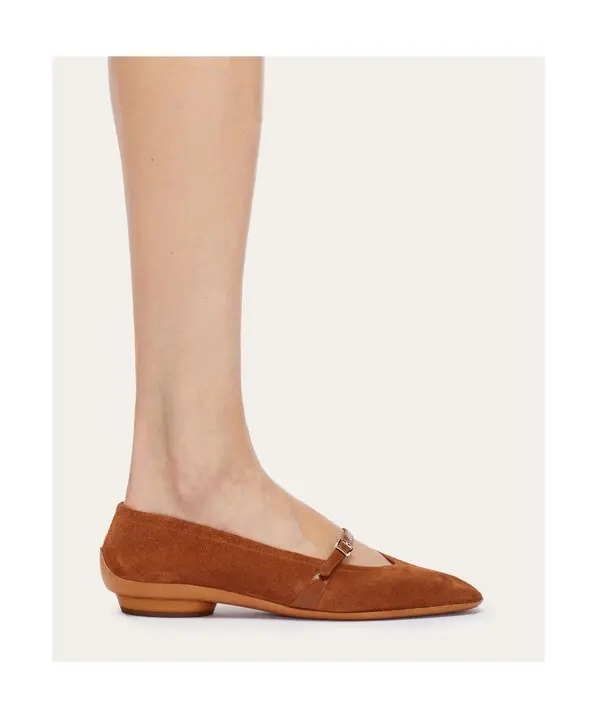FERRAGAMO Audrey Suede Ballet Flats With Buckled Strap - Light Brown