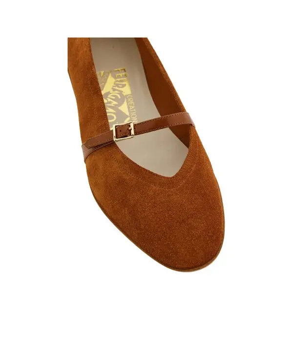 FERRAGAMO Audrey Suede Ballet Flats With Buckled Strap - Light Brown
