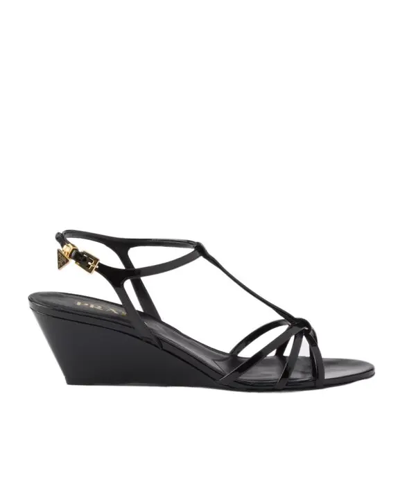 Prada Patent Leather Wedge Sandals With Buckle Fastening - Black