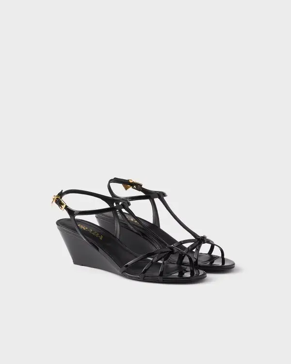 Prada Patent Leather Wedge Sandals With Buckle Fastening - Black