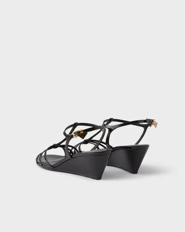 Prada Patent Leather Wedge Sandals With Buckle Fastening - Black