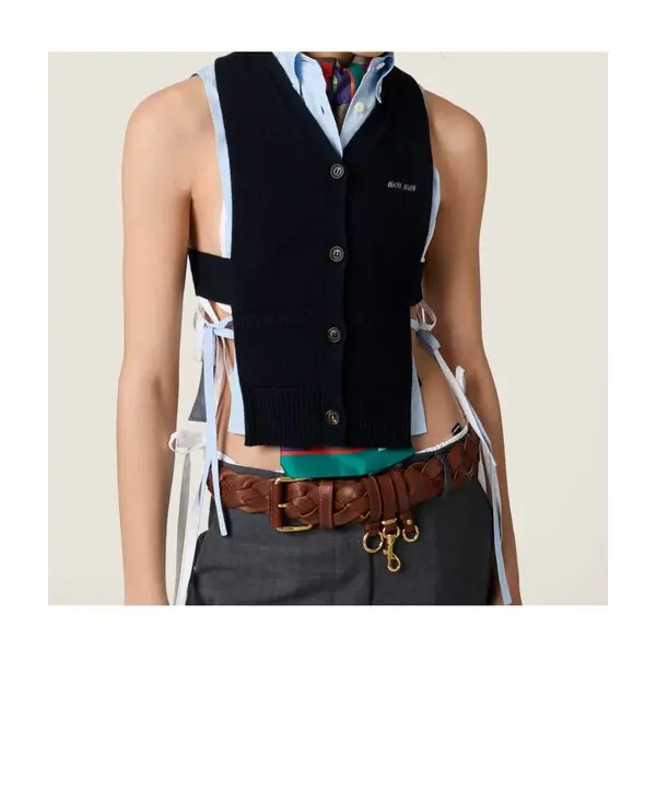 Miu Miu V-neck Sleeveless Cardigan With Pocket And Button Closure - Navy Blue