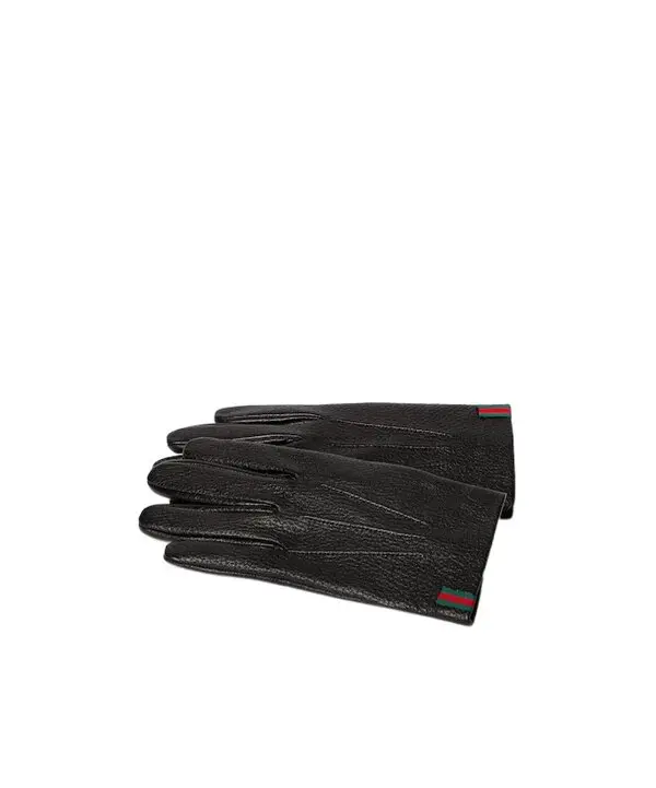 Gucci Grainy Leather Gloves With Web - Black