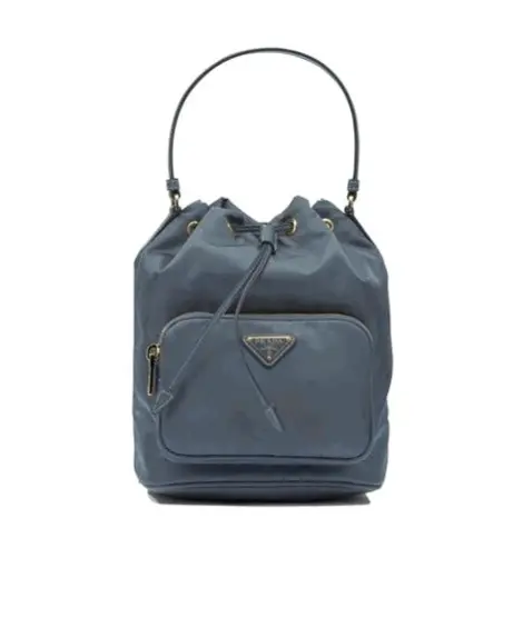 Prada Logo Plaque Drawstring Bucket Bag - Space Blue