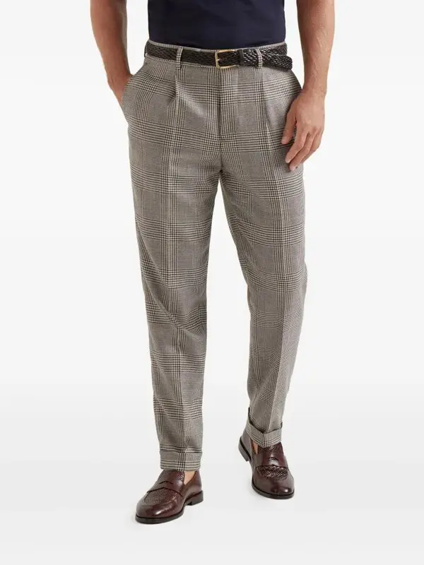 Brunello Cucinelli Prince Of Wales Checkered Pleated Trousers - Gray