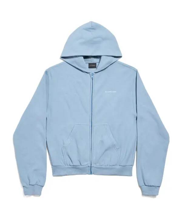 Balenciaga Logo Embroidered Zip-up Hoodie - Light Blue/white