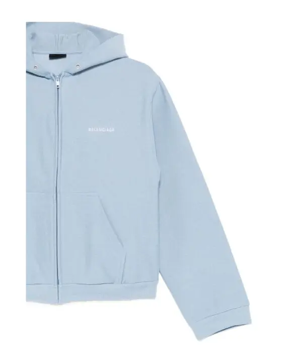 Balenciaga Logo Embroidered Zip-up Hoodie - Light Blue/white