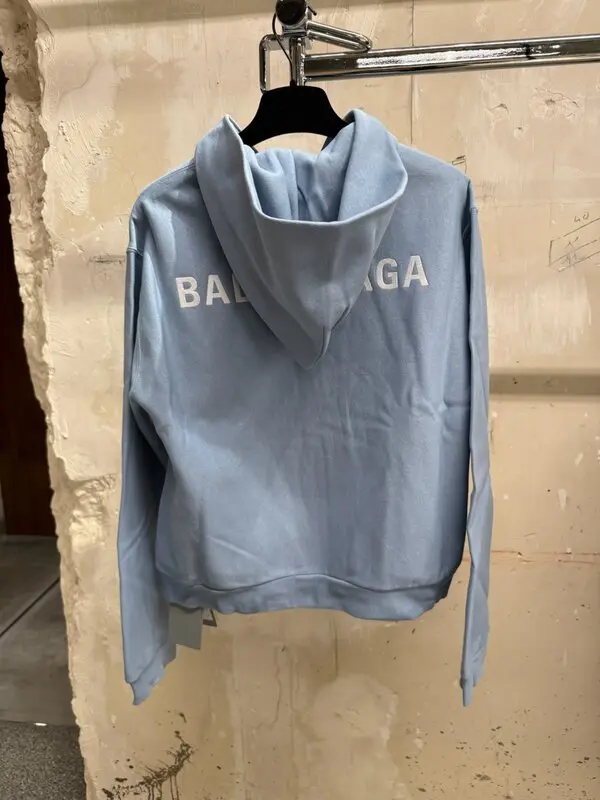 Balenciaga Logo Embroidered Zip-up Hoodie - Light Blue/white