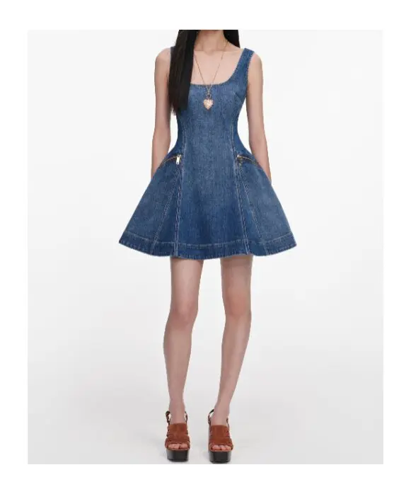 SELF-PORTRAIT Denim Flared Mini Dress