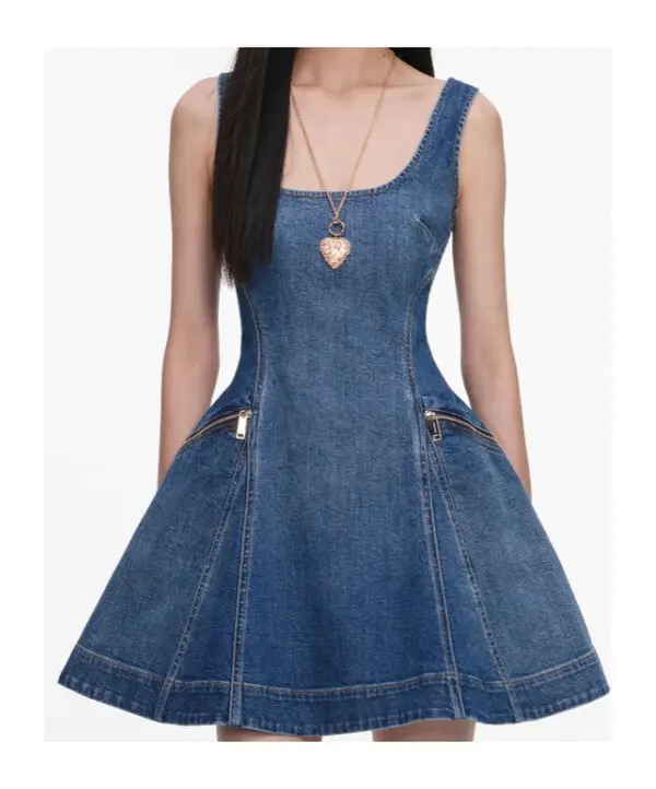 SELF-PORTRAIT Denim Flared Mini Dress