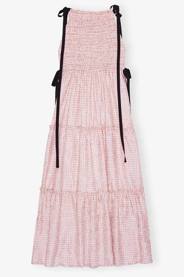GANNI Tiered Check Maxi Dress With Ribbon Ties