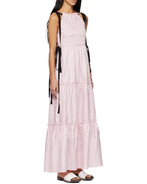 GANNI Tiered Check Maxi Dress With Ribbon Ties