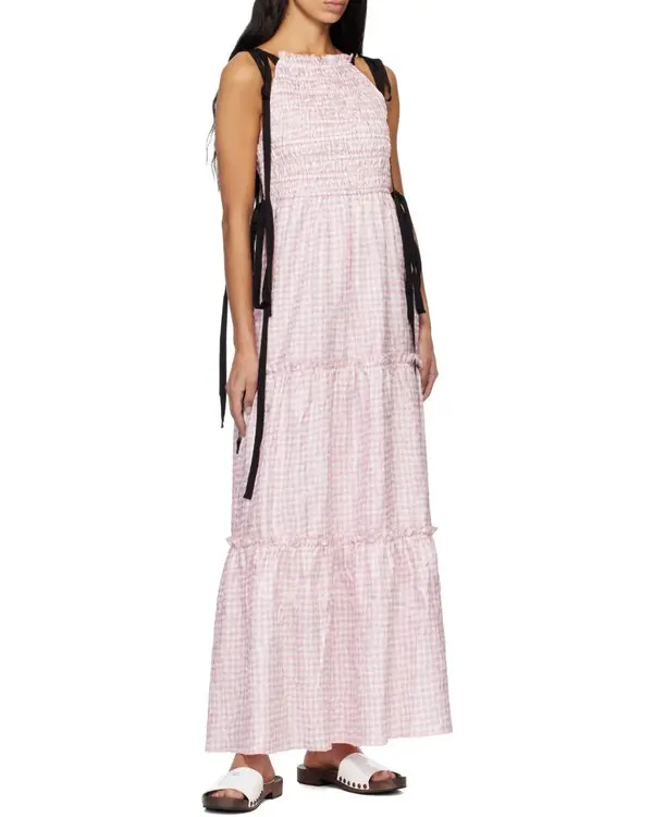GANNI Tiered Check Maxi Dress With Ribbon Ties