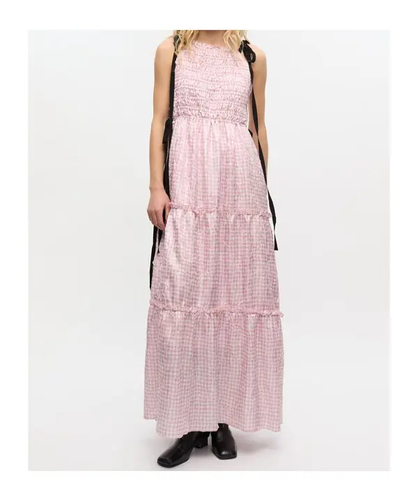 GANNI Tiered Check Maxi Dress With Ribbon Ties