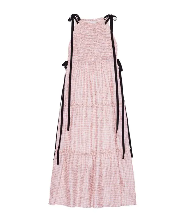 GANNI Textured Checked Maxi Dress With Ribbon Ties