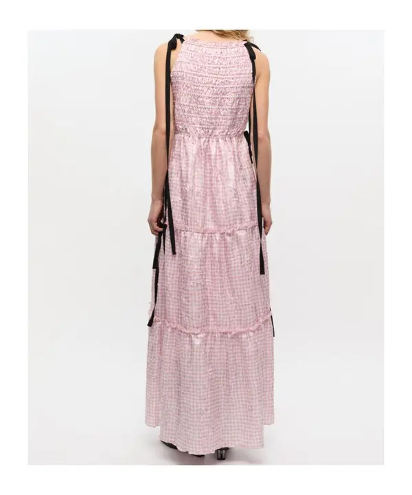 GANNI Textured Checked Maxi Dress With Ribbon Ties